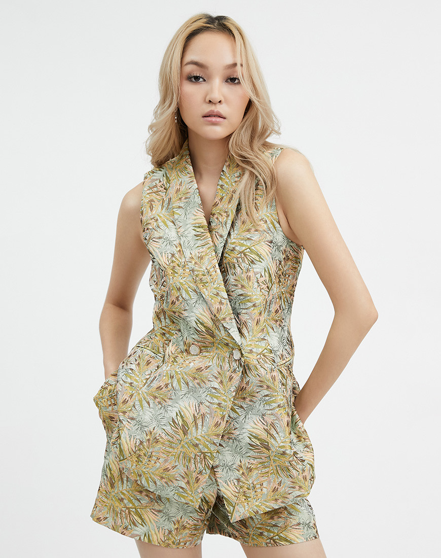 Leaf Jacquard Women Sleeveless Jacket